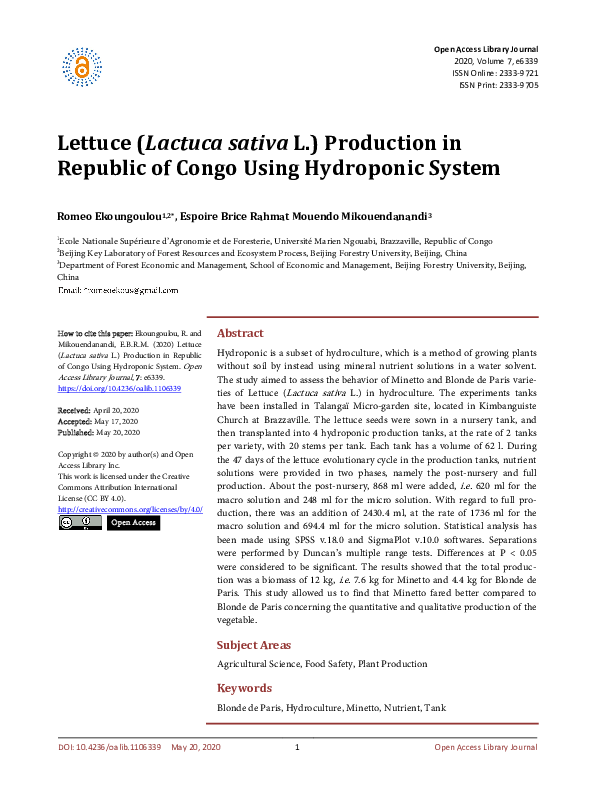 (PDF) Lettuce (Lactuca sativa L.) Production in Republic of Congo Using Hydroponic System