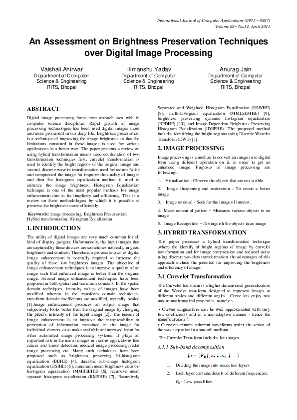 (PDF) An Assessment on Brightness Preservation Techniques over Digital ...