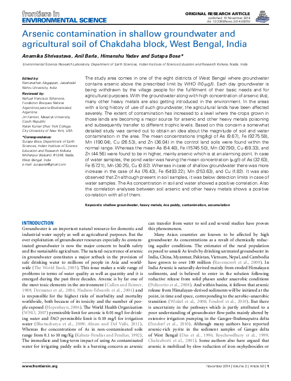 (PDF) Arsenic contamination in shallow groundwater and agricultural ...