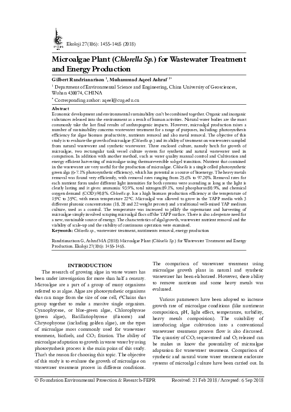 (PDF) Microalgae Plant (Chlorella Sp.) for Wastewater Treatment and Energy Production
