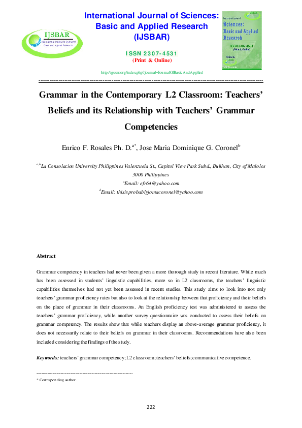 (PDF) Grammar in the Contemporary L2 Classroom: Teachers’ Beliefs and ... (PDF) Grammar in the Contemporary L2 Classroom: Teachers’ Beliefs and ...