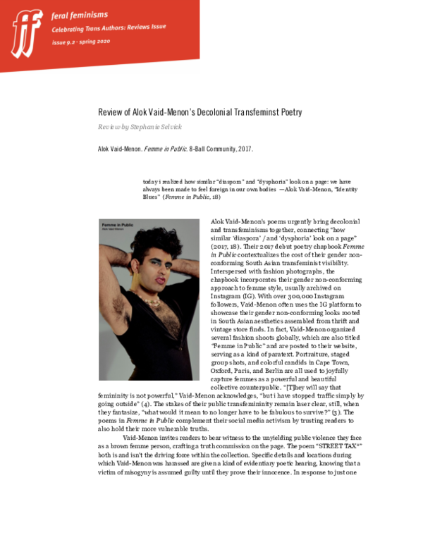 (PDF) Review of Alok Vaid-Menon's Decolonial Transfeminst Poetry