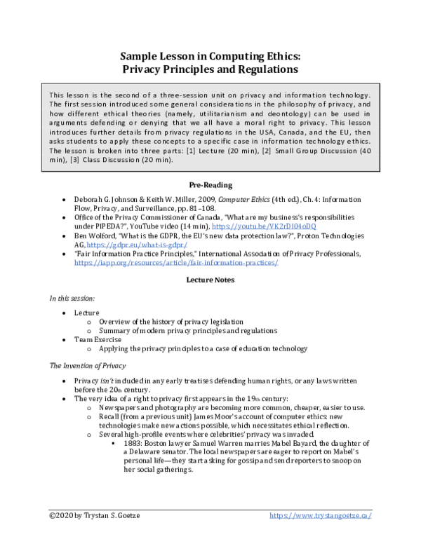 (PDF) Sample Lesson Plan in Computing Ethics: Privacy Principles and ...
