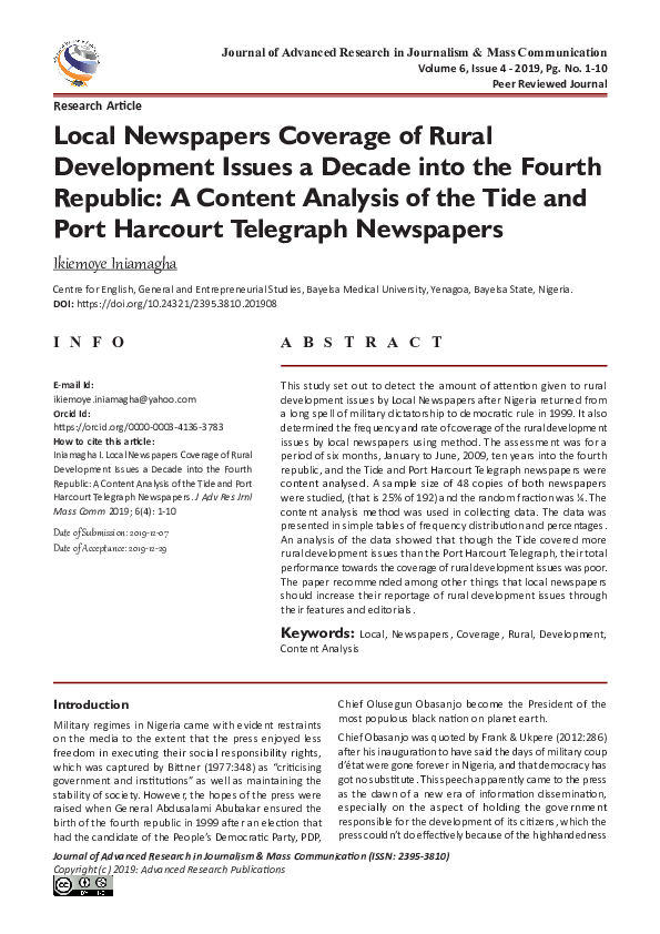 (PDF) Local Newspapers Coverage of Rural Development Issues a Decade ...