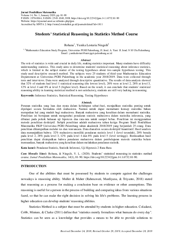 (PDF) Students' Statistical Reasoning in Statistics Method Course