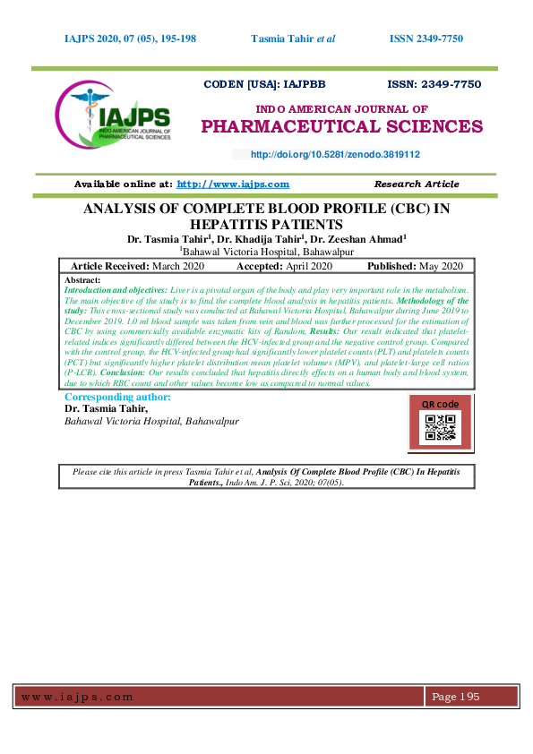 (PDF) ANALYSIS OF COMPLETE BLOOD PROFILE (CBC) IN HEPATITIS PATIENTS