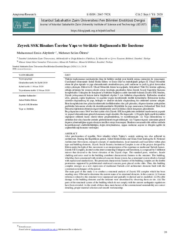 (PDF) Zeyrek SSK Binaları Üzerine Yapı ve Strüktür Bağlamında Bir İnceleme