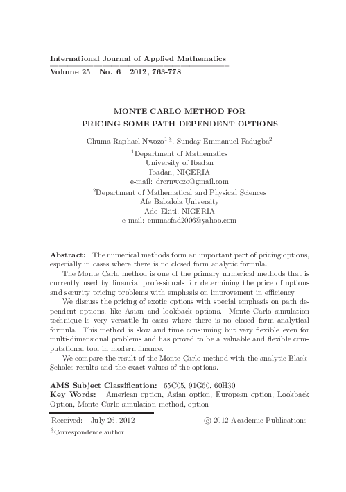 Pdf Monte Carlo Method For Pricing Some Path Dependent Options