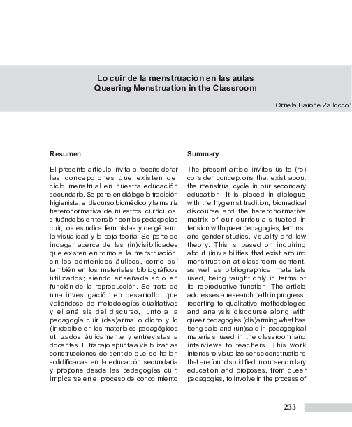 (PDF) Lo cuir de la menstruación en las aulas - Queering Menstruation in the Classroom