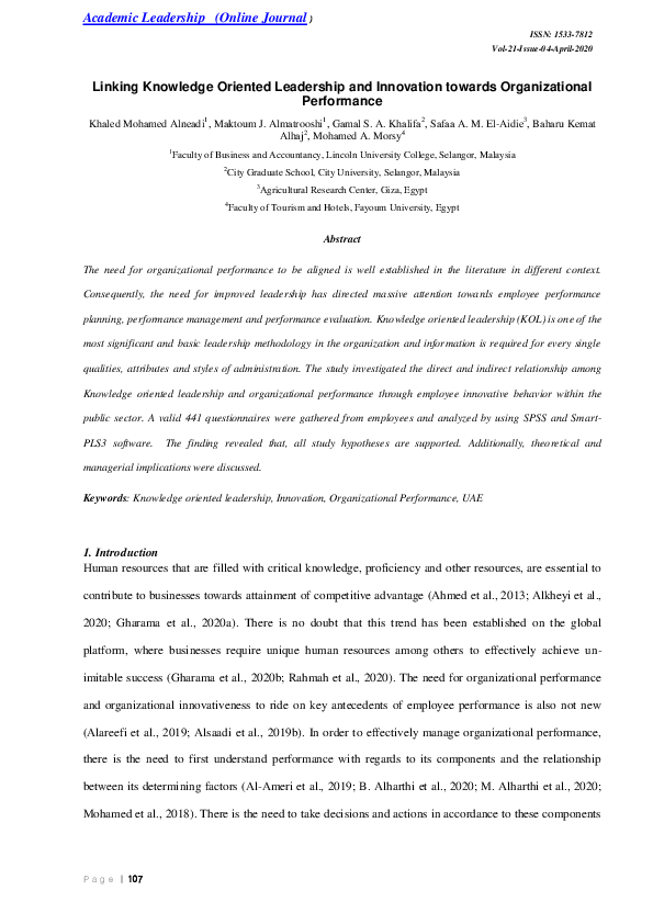 (PDF) Linking Knowledge Oriented Leadership and Innovation towards Organizational Performance