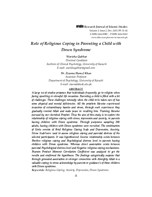 (PDF) Role of Religious Coping in Parenting a Child with Down Syndrome