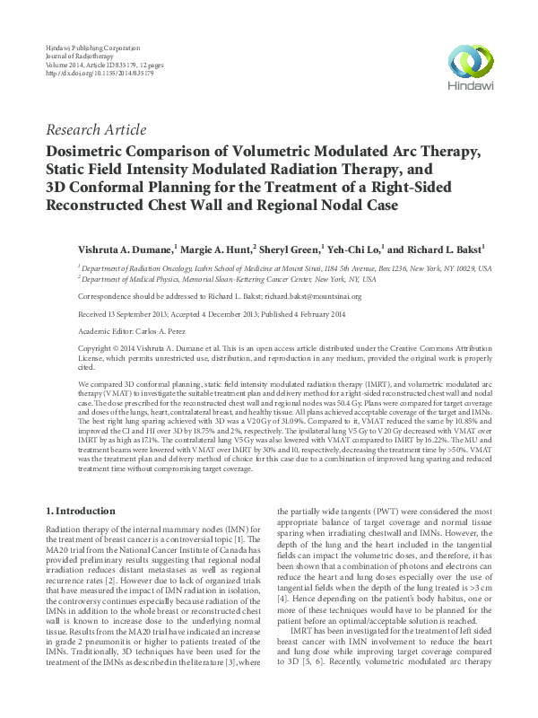(PDF) Dosimetric Comparison of Volumetric Modulated Arc Therapy, Static Field Intensity ...