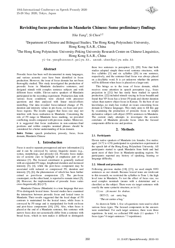 (PDF) Revisiting focus production in Mandarin Chinese: Some preliminary ...