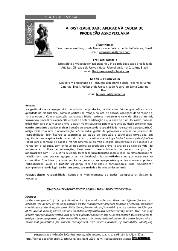 (PDF) A RASTREABILIDADE APLICADA À CADEIA DE PRODUÇÃO AGROPECUÁRIA ...