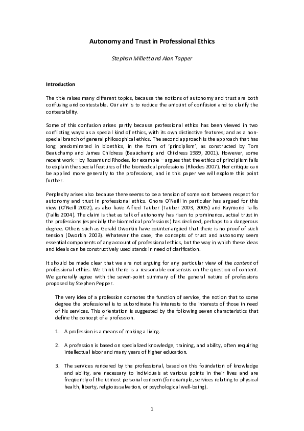 (PDF) Autonomy and Trust in Professional Ethics