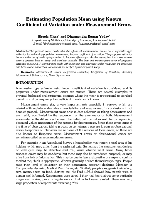 Pdf Estimating Population Mean Using Known Coefficient Of Variation