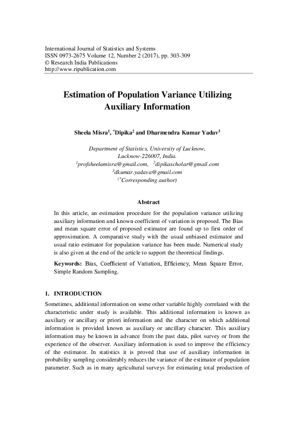 Pdf Estimation Of Population Variance Utilizing Auxiliary Information