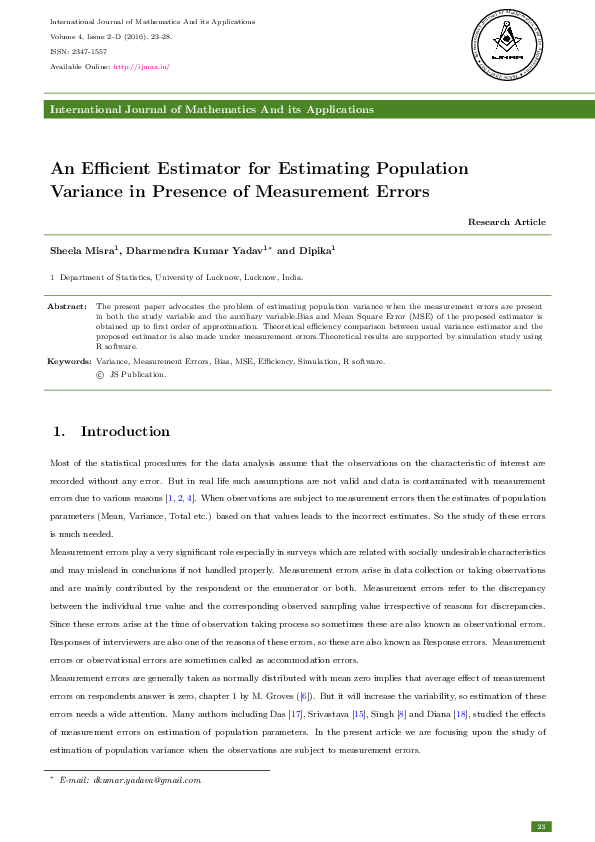 Pdf An Efficient Estimator For Estimating Population Variance In