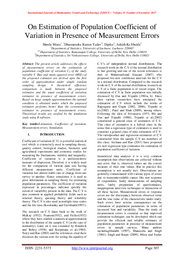 Pdf On Estimation Of Population Coefficient Of Variation In Presence