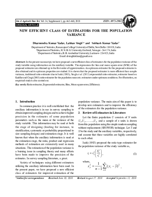 Pdf New Efficient Class Of Estimators For The Population Variance