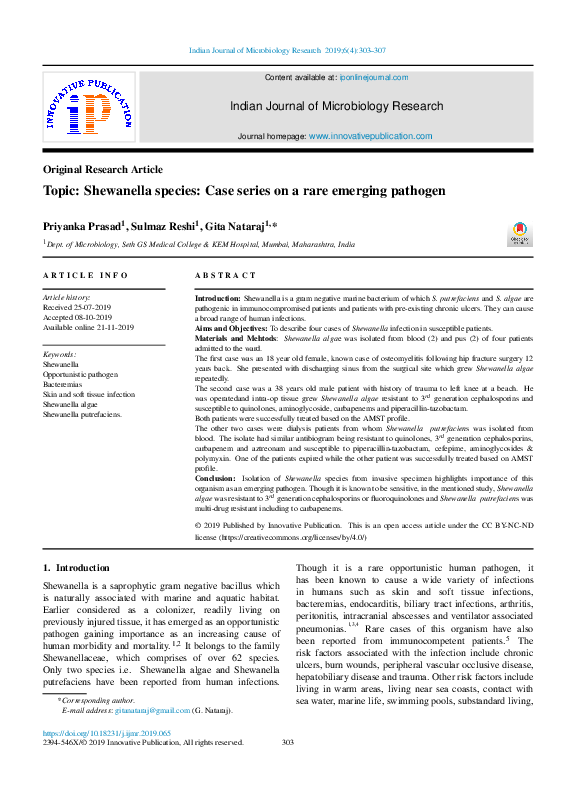 (PDF) Topic: Shewanella species: Case series on a rare emerging pathogen