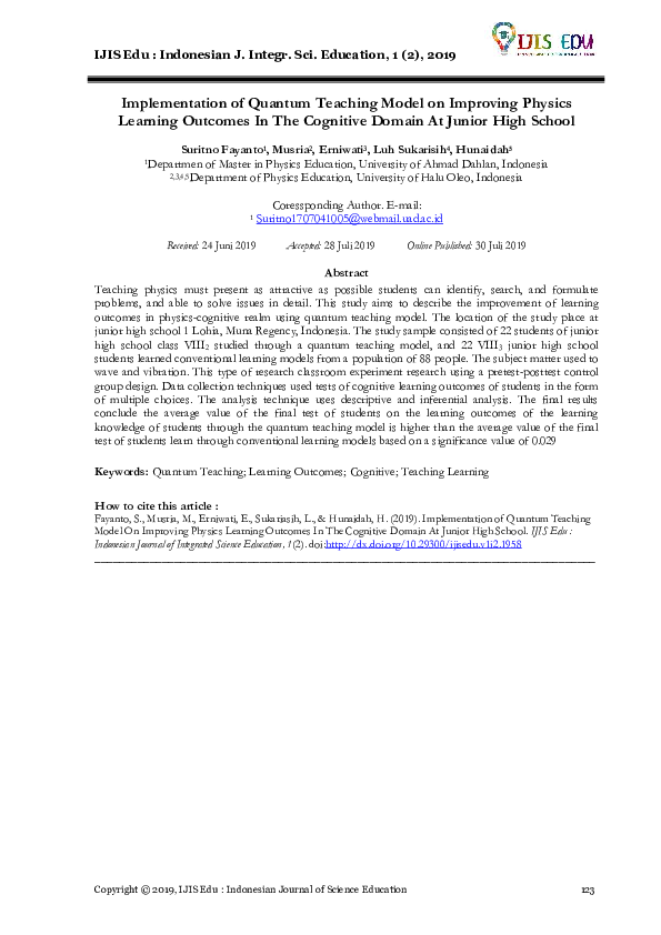(PDF) Implementation of Quantum Teaching Model on Improving Physics ...