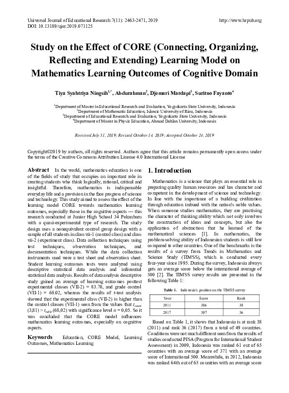 (PDF) Study on the Effect of CORE (Connecting, Organizing, Reflecting and Extending) Learning ...