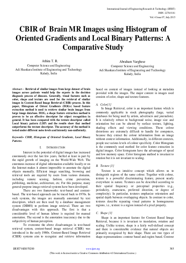 Pdf Ijert Cbir Of Brain Mr Images Using Histogram Of Oriented Gradients And Local Binary
