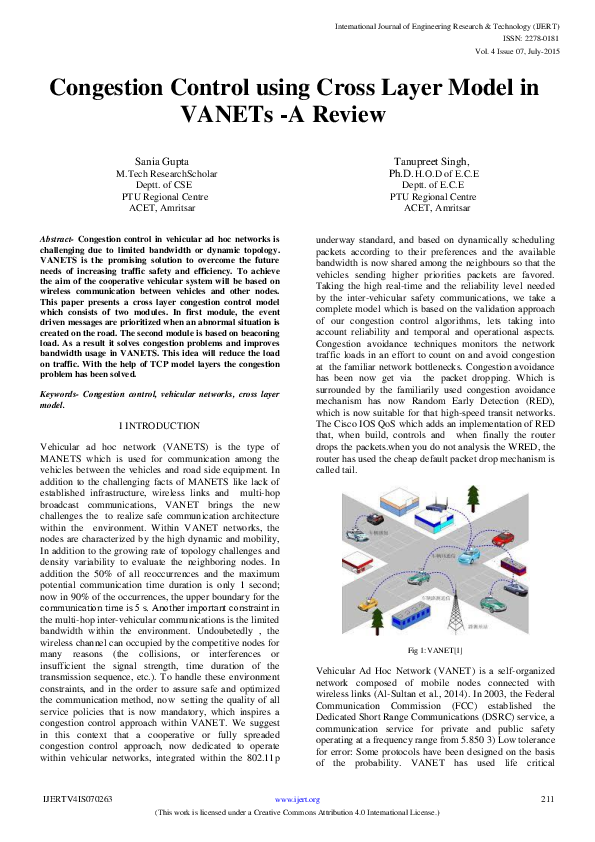 Pdf Ijert Congestion Control Using Cross Layer Model In Vanets A Review Ijert Journal