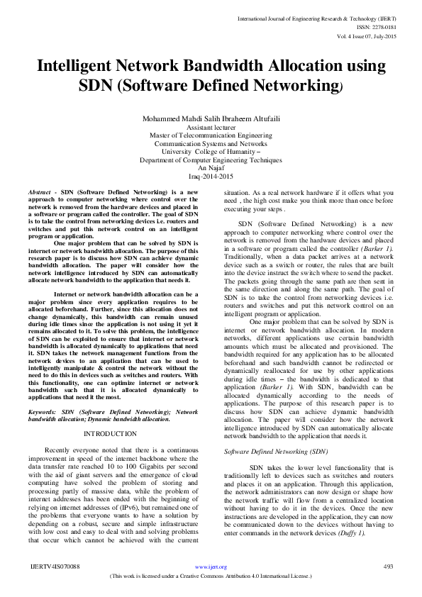 Pdf Ijert Intelligent Network Bandwidth Allocation Using Sdn Software Defined Networking
