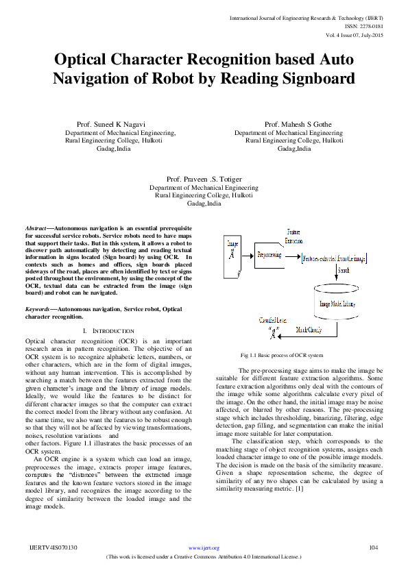 (PDF) IJERT-Optical Character Recognition based Auto Navigation of Robot by Reading Signboard