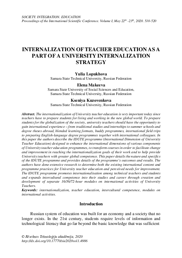 (PDF) INTERNALIZATION OF TEACHER EDUCATION AS A PART OF A UNIVERSITY ...