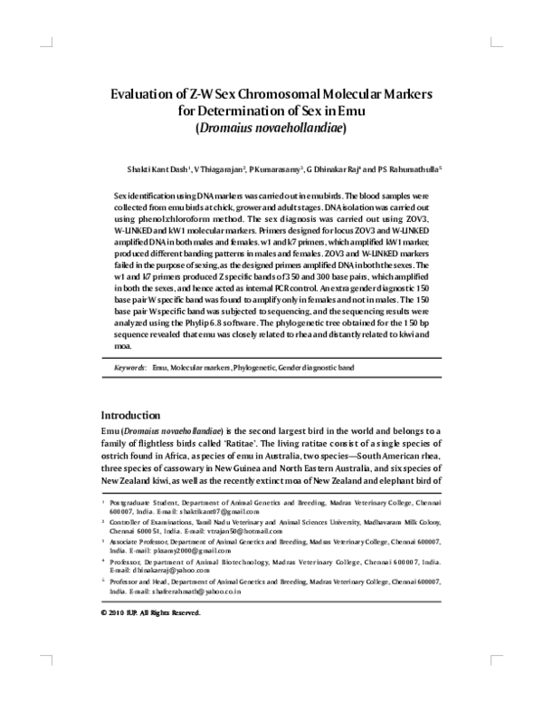 Pdf Evaluation Of Z W Sex Chromosomal Molecular Markers For