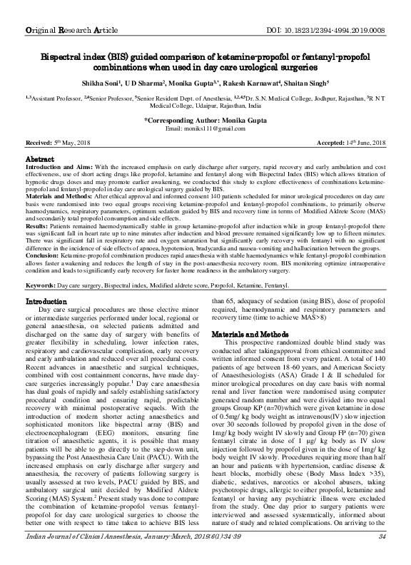 (PDF) Bispectral index (BIS) guided comparison of ketamine-propofol or ...