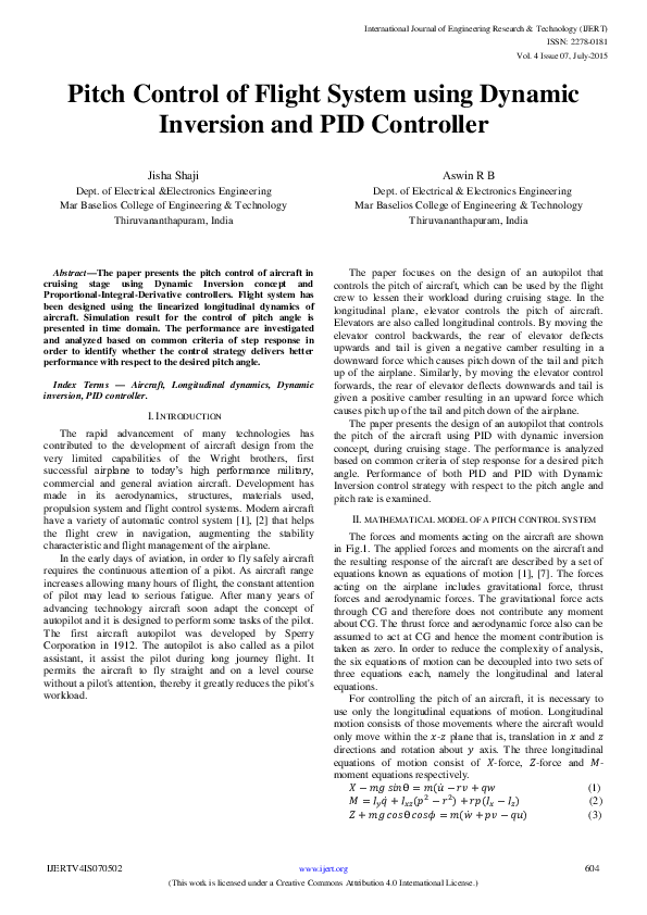 Pdf Dynamic Inversion Pid Control For Aircraft Pitch