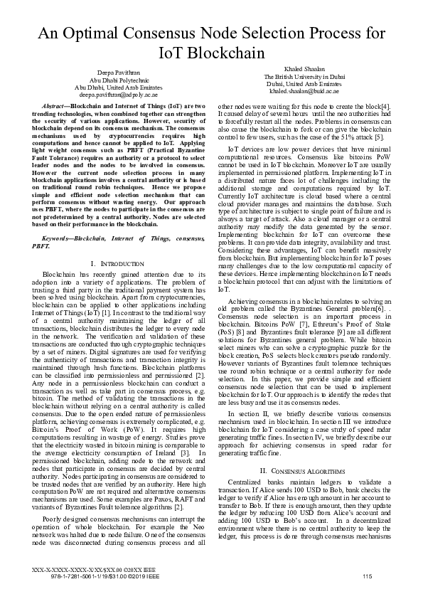 Pdf An Optimal Consensus Node Selection Process For Iot Blockchain