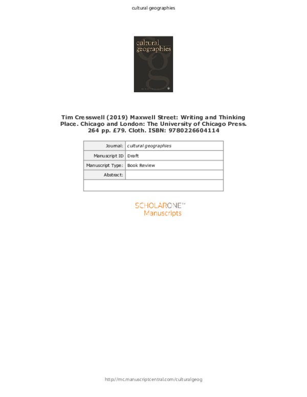 (PDF) Pre-print Review of Maxwell Street: Writing and Thinking Place by ...