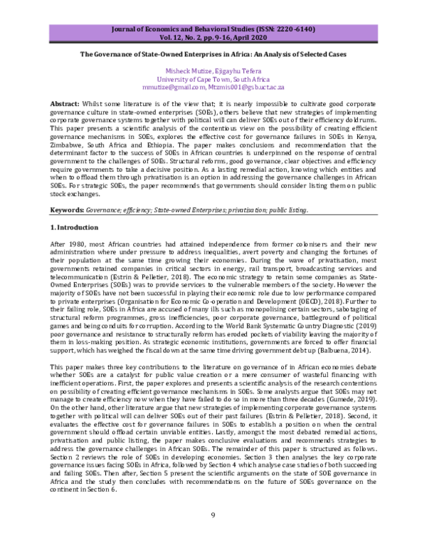 (PDF) The Governance of State-Owned Enterprises in Africa: An Analysis of Selected Cases