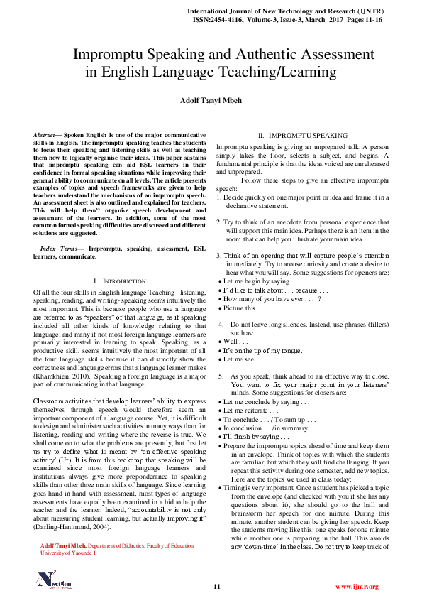 (PDF) Impromptu Speaking and Authentic Assessment in English Language Teaching/Learning