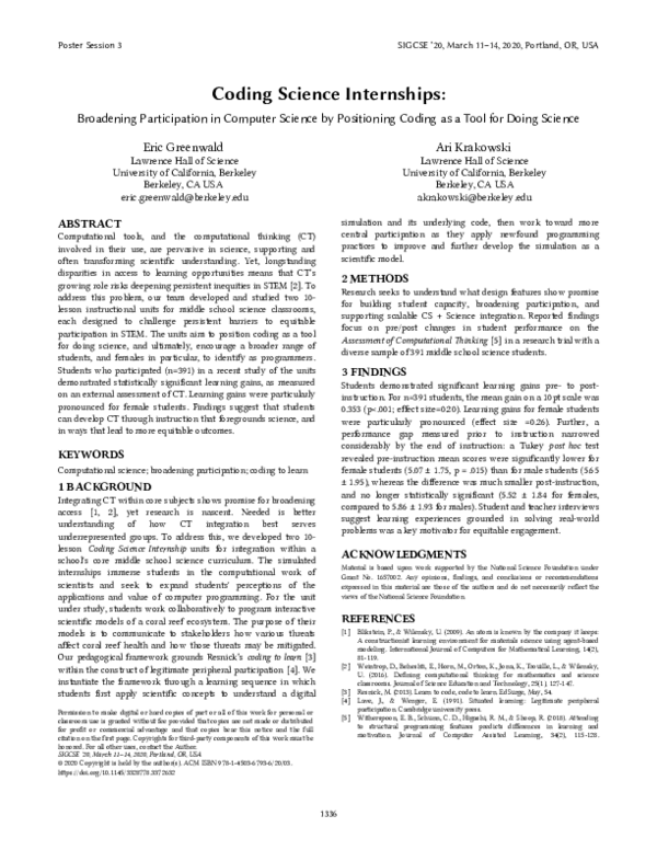 (PDF) Coding Science Internships: Broadening Participation in Computer ...
