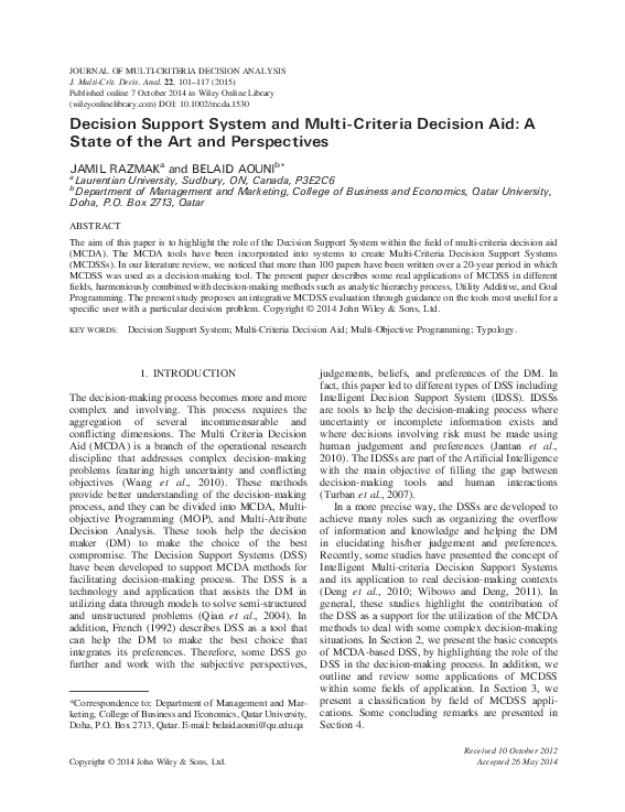 (PDF) Decision Support System and Multi-Criteria Decision Aid: A State ...