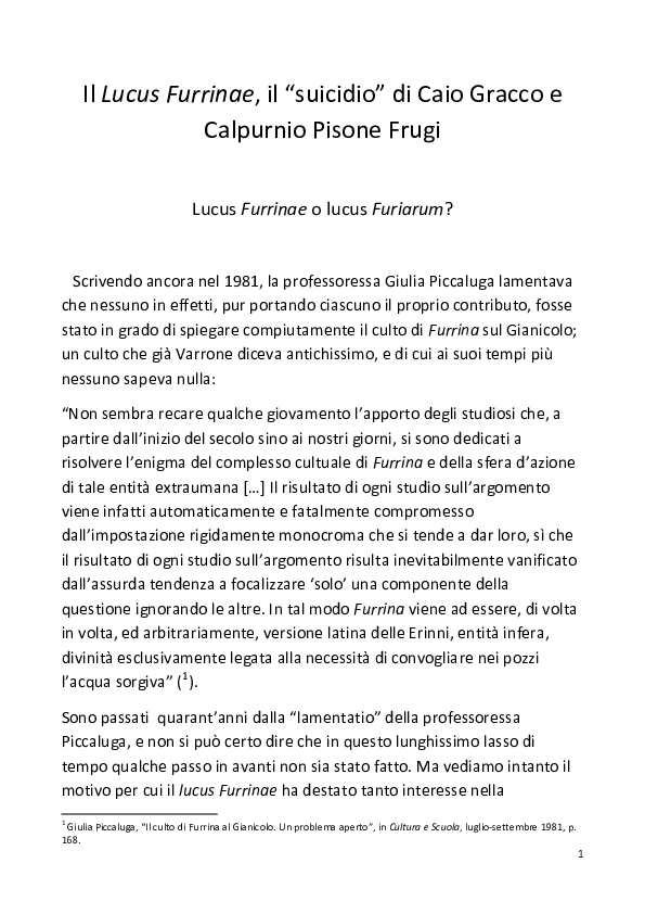 (PDF) Il Lucus Furrinae, il "suicidio" di Caio Gracco e Calpurnio ...