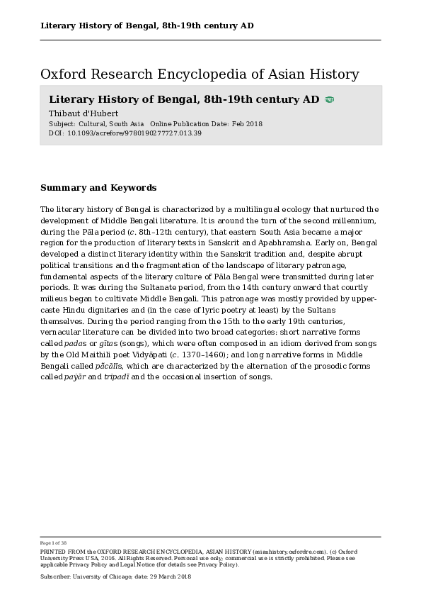(PDF) “Literary History of Bengal.” In the Oxford Research Encyclopedia ...