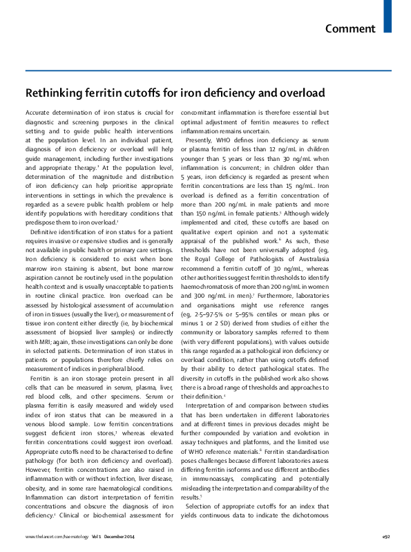 (PDF) Rethinking ferritin cutoffs for iron deficiency and overload