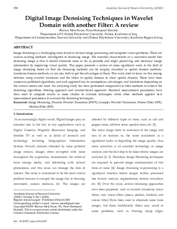 (PDF) Digital Image Denoising Techniques in Wavelet Domain with another Filter: A review