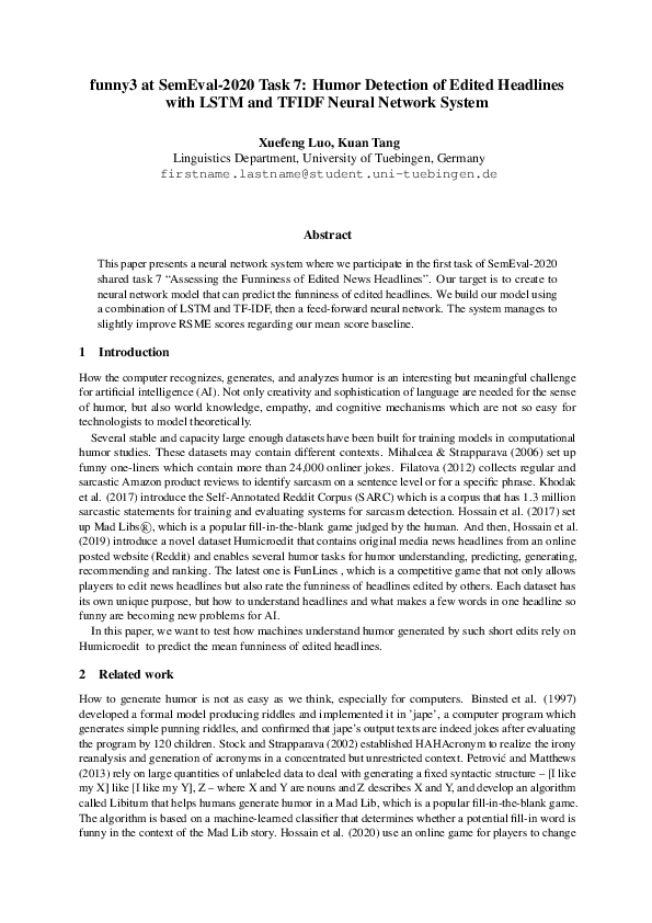 Pdf Funny3 At Semeval 2020 Task 7 Humor Detection Of Edited Headlines With Lstm And Tfidf