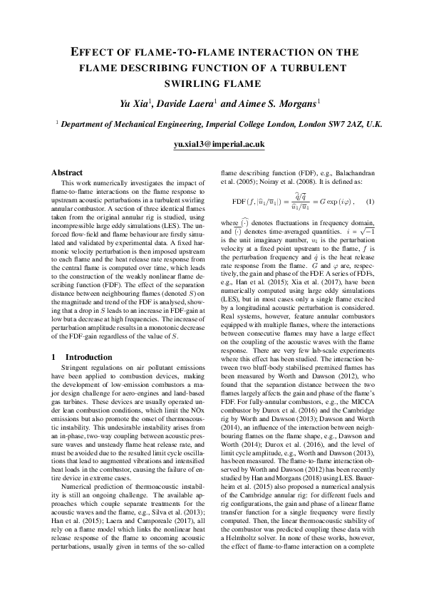(PDF) Effect of Flame-to-flame Interaction on the Flame Describing Function of a Turbulent ...