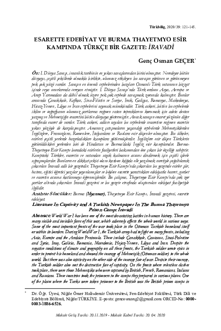 (PDF) ESARETTE EDEBİYAT VE BURMA THAYETMYO ESİR KAMPINDA TÜRKÇE BİR ...