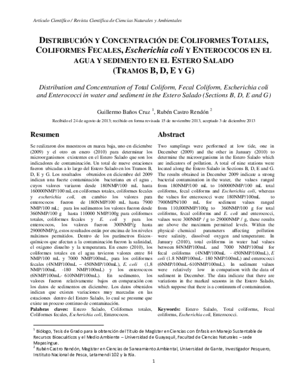 (PDF) Distribución y concentración de coliformes totales, coliformes ...