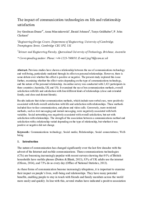 Pdf The Impact Of Communication Technologies On Life And Relationship Satisfaction